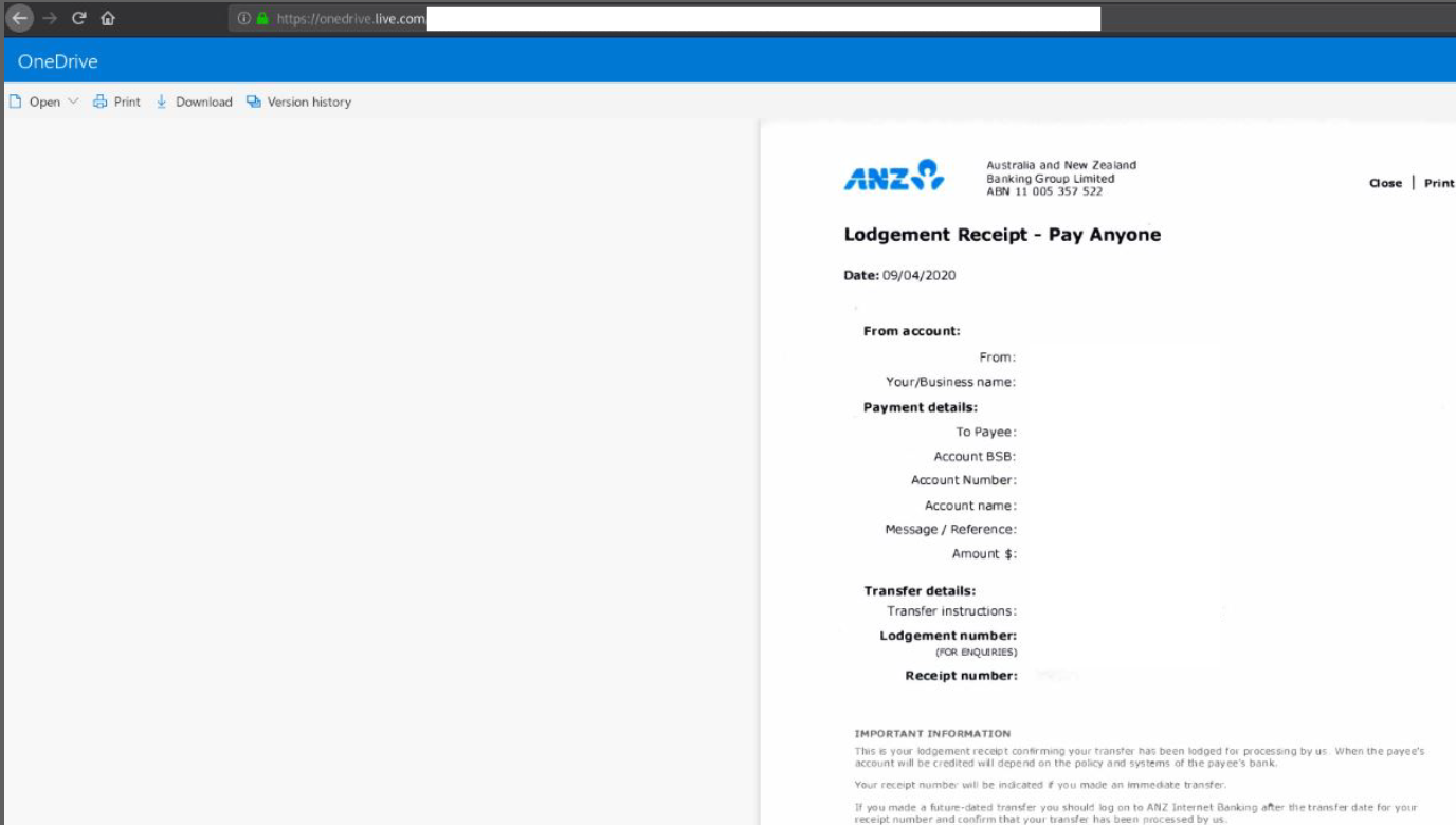 Phishing email titled “Payment Confirmation” leads to fraudulent ANZ receipt